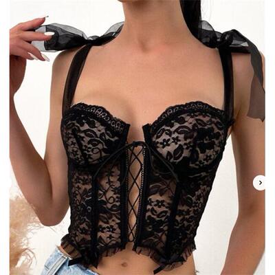 Lace perspective lace-up hollow short vest sexy underwear