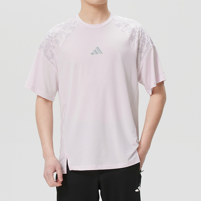 阿迪达斯男装粉色碎花短袖T恤26春新款运动服跑步透气半袖KE4396