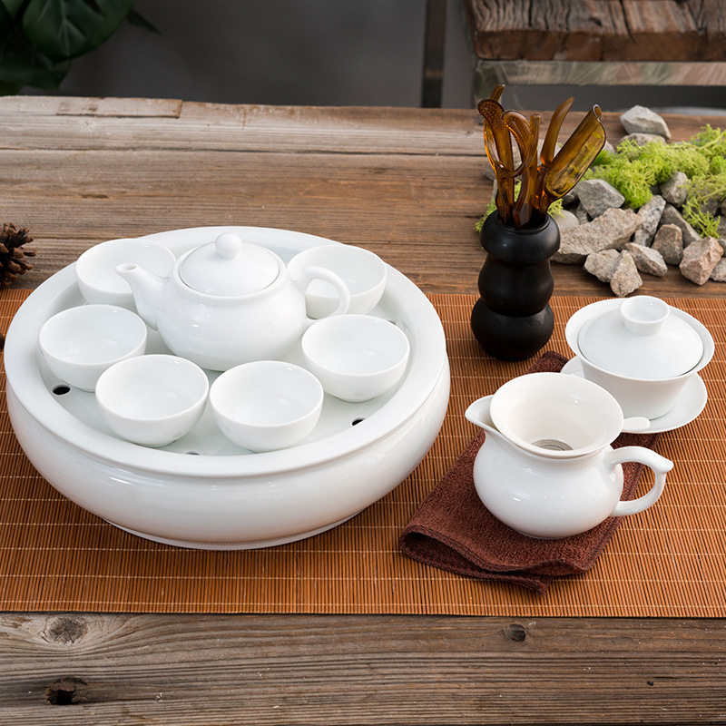 家用纯白功夫陶瓷茶具套装带盖碗茶壶圆形茶船储水茶盘组合其他无
