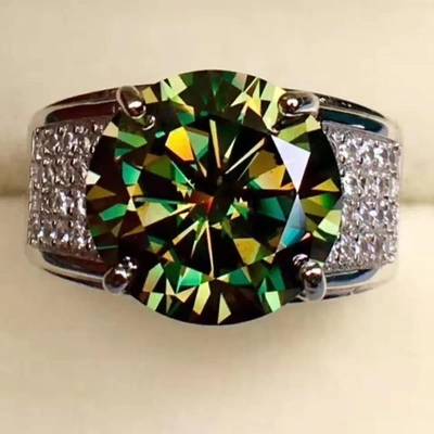 霸气男款绿莫桑钻戒指VVS净度八心八切工925银镶嵌