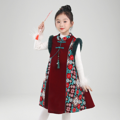 53420M女童汉服中国风改良旗袍裙25年冬款红色拜年服节日礼服裙子