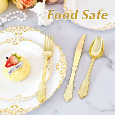 Retro relief gold disposable plastic knives, forks, spoons, birthday party wedding tableware