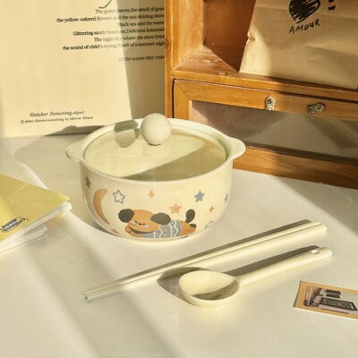Korean cute cream dog two ear instant noodles bowl 2025 ceramic bowl student dormitory Luosifen bowl
