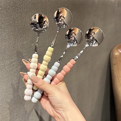 Pearl stainless steel spoon, ceramic handle rice cooker, girl's heart eating spoon, round spoon, cute and creative