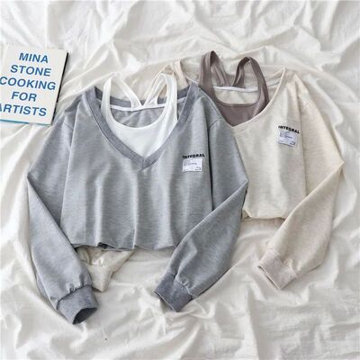 V领假两件撞色短款卫衣