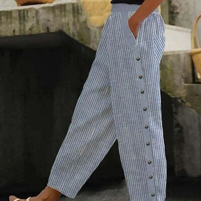 Striped printed single breasted pants 条纹印花单排扣休闲长裤