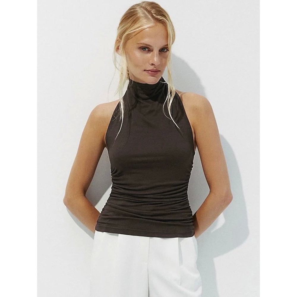 挂脖无袖修身露背高领背心Hanging neck backless high neck vest