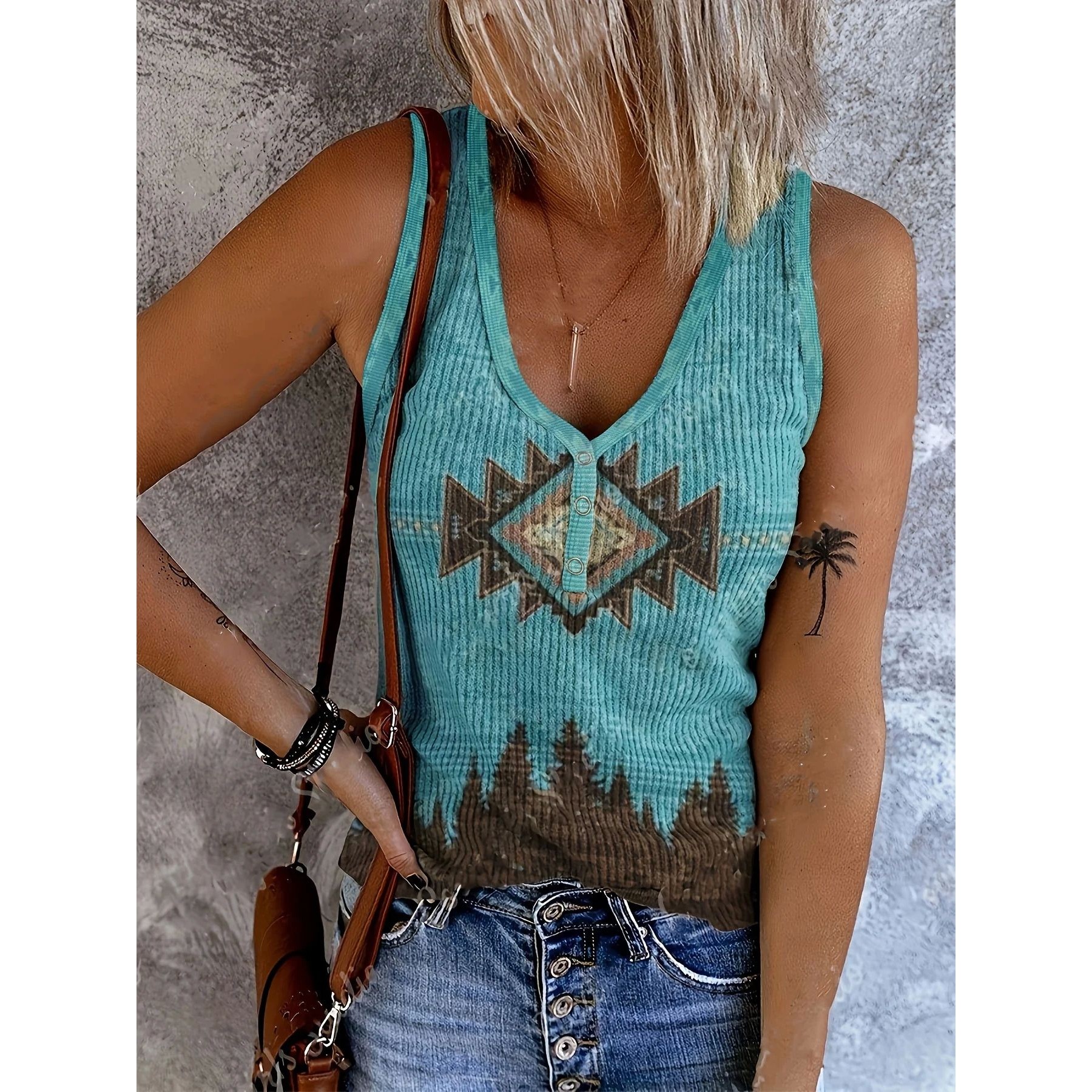 女士印花V领无袖吊带背心 Printed V-neck sleeveless halter top
