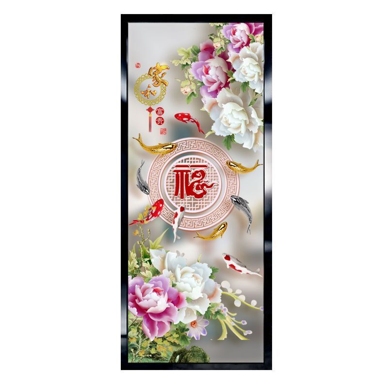 定制艺术玻璃屏风隔断客厅双面B磨砂雕刻透光彩绘钢化牡丹富贵图