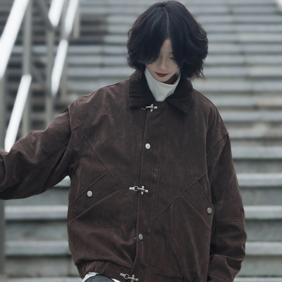 牧游昏昏美式复古麂皮结构男冬季夹克加厚保暖棉服外套