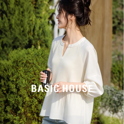 Basic House/百家好法式温柔白色衬衫女夏季V领压褶垂感显瘦上衣