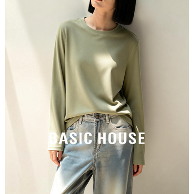 百家好极简圆领女柔肤肌理宽松上衣通勤内搭宽松休闲风长袖T恤