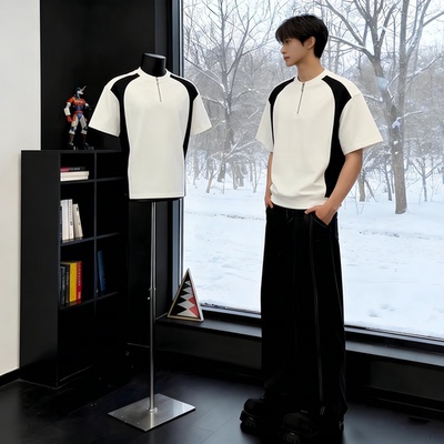 大码300斤美式潮牌小众半拉链T恤