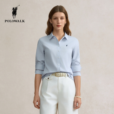 【100%棉】POLOWALK女士白色衬衫秋冬新款修身长袖牛津纺正装衬衣