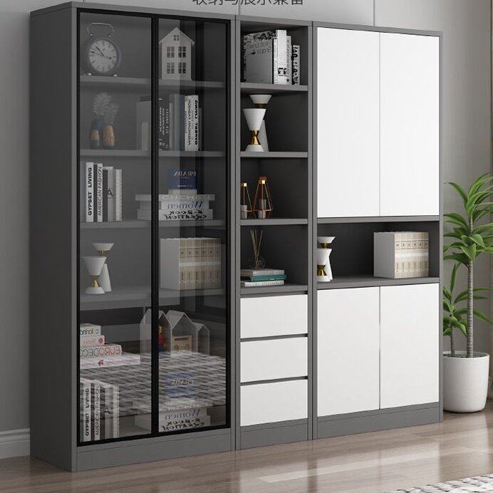 实木书柜书架一体组合现代简约办公室文件柜落地展示柜玻璃门书橱_虎窝淘