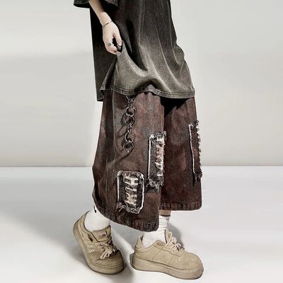 ARENS Ripped Hole Denim Shorts Mens Streetwear Hip Hop Knee