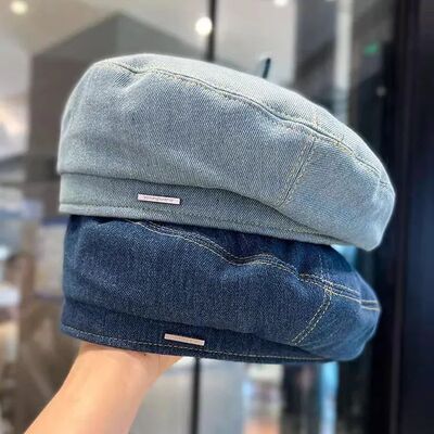 New Denim Beret Hat for Women Vintage Washed Blue Jeans Fren