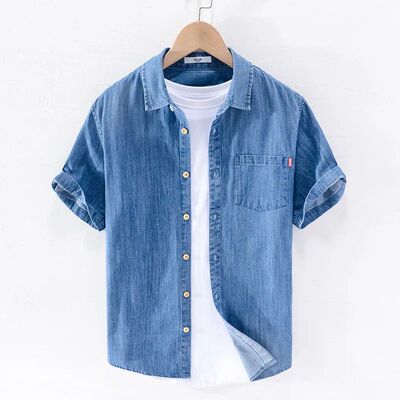Men Denim Shirt , Thin Summer Half Sleeve Casual Top, Loose