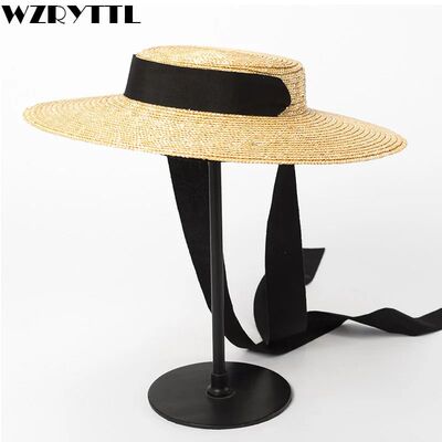 Wide Brim Boater Hat 10cm 15cm Brim Straw Hat Flat Women Sum