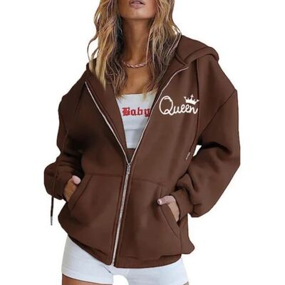 Autumn Winter Fashion Gray Zip Up Sweatshirt Women Jacket Cl