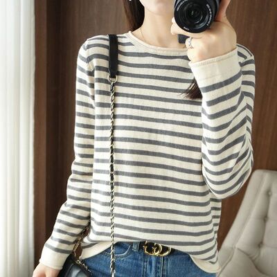 Women 100% Cotton Sweater Curled O-neck Strip Pullover Autum