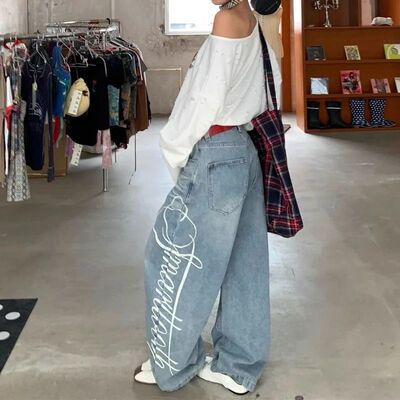 Women Blue Y2k Baggy Boyfriend Jeans Harajuku Vintage Wide L