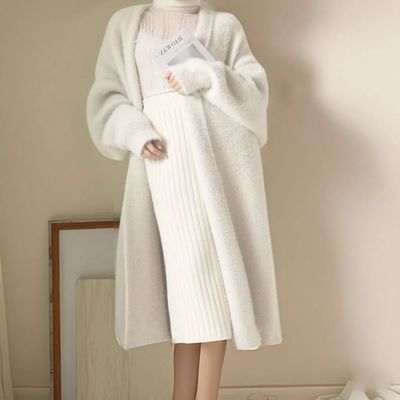 white Long Cardigan for women winter clothes Knitted fluffy