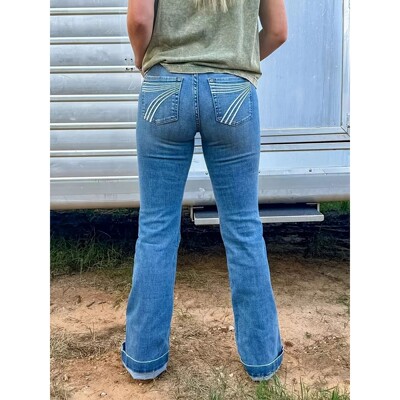 2025 New Women's High Waist Elastic Embroidered Flared Jeans