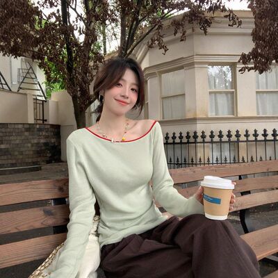 由米park-韩系高智撞色拼接气质斜肩长袖针织毛衣女