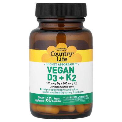 乡村生活,Vegan D3 + K2, 60 Vegan Capsules