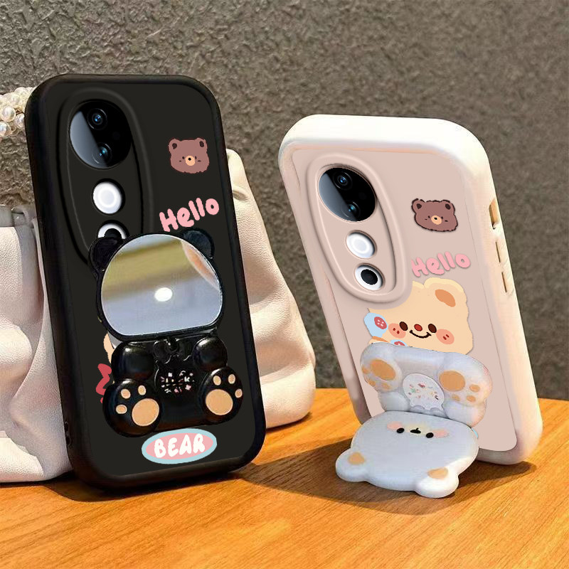 适用vivoS19手机壳小熊支架vivo S19Pro保护套viv0新款镜子软硅胶全包防摔曲屏曲面屏步步高维沃Por是Pr0男女