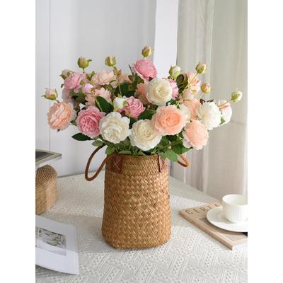 彷真玫瑰花西洋牡丹花篮家居装饰绢花人造花假花束客厅餐桌摆件