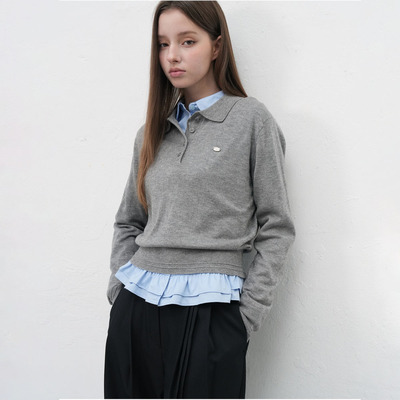 【现】GENERAL IDEA莱赛尔收腰polo长袖针织衫休闲宽松基础上衣女