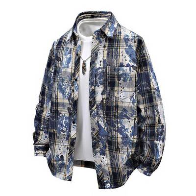 Men Checkered Shirt Baggy Grunge Sleeve Casual Shirts