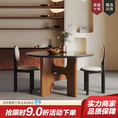 LDAD北欧中古钢化玻璃双层餐桌椅家用法式复古橡木实木圆形饭桌子