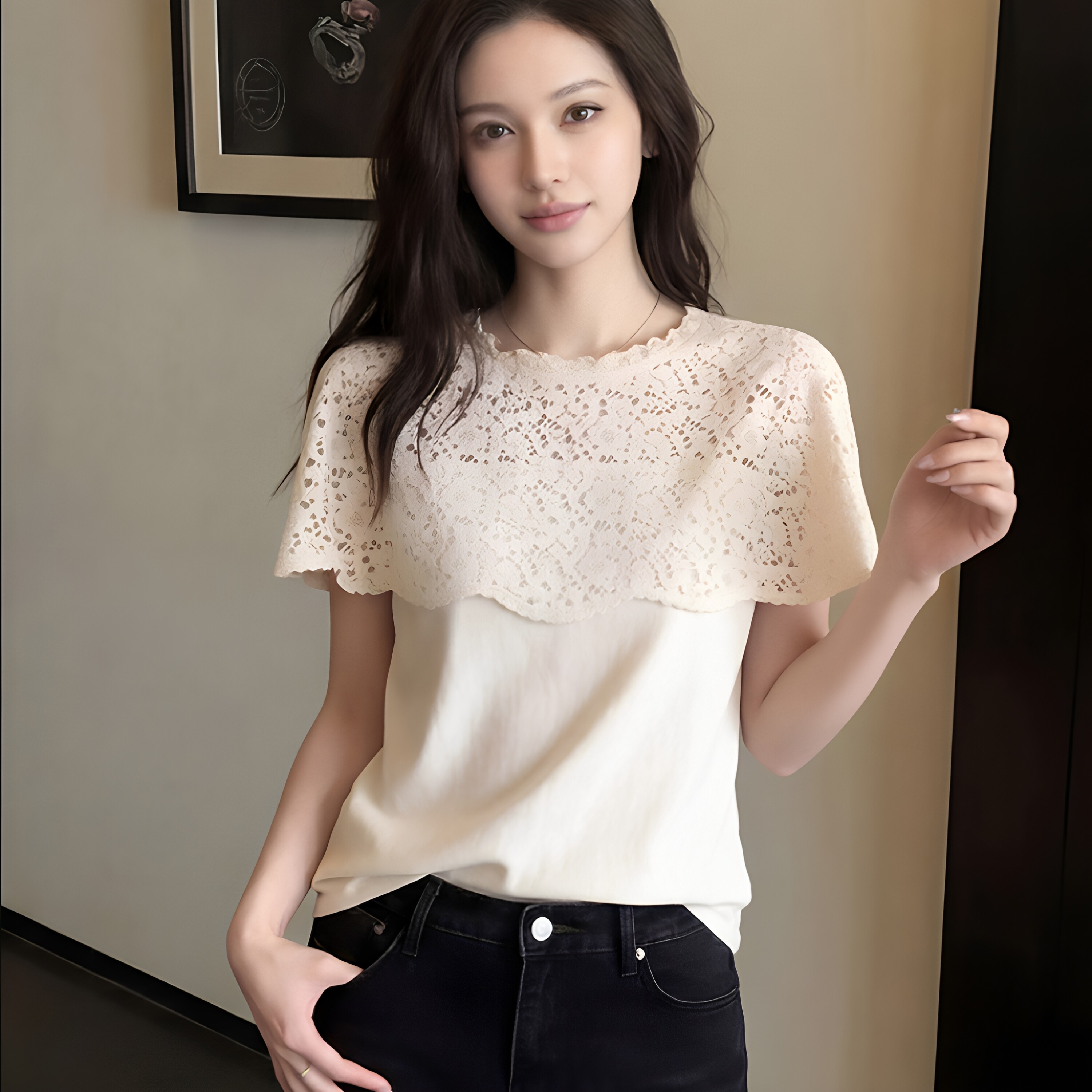 夏季新款纯欲镂空蕾丝披肩短袖女燕麦杏温柔花边领显瘦薄款小上衣