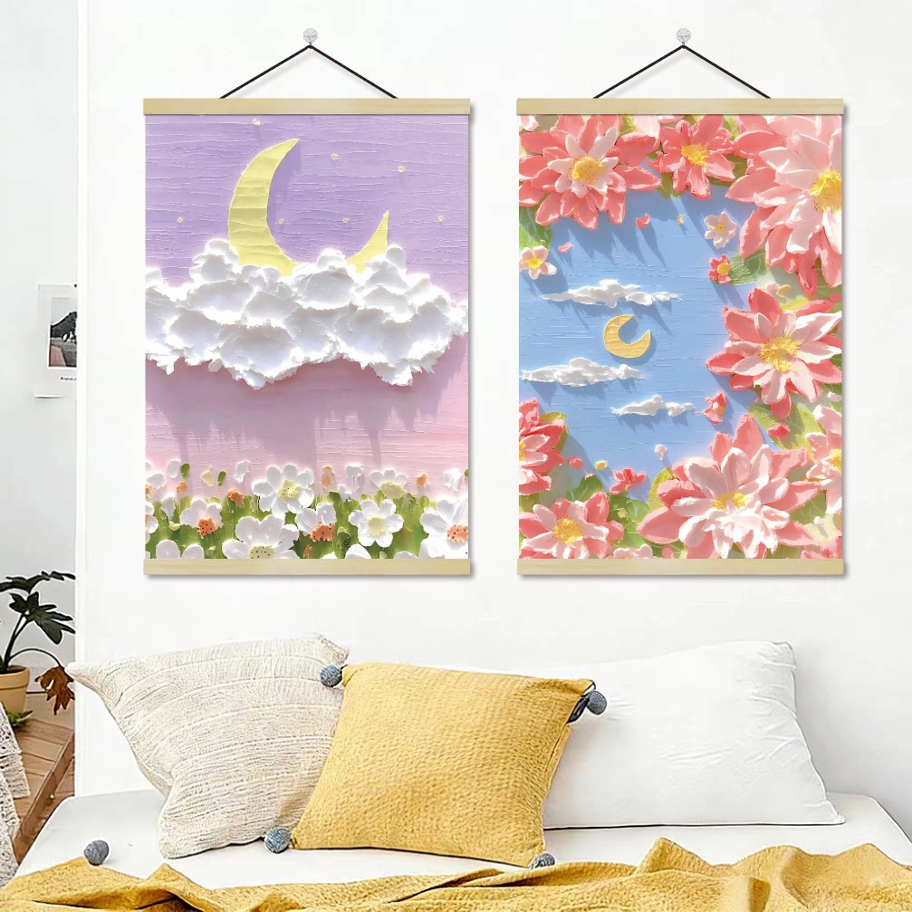 ins风治愈系仿肌理风景油画装饰挂画挂图挂布 客厅书房卧室卷轴画