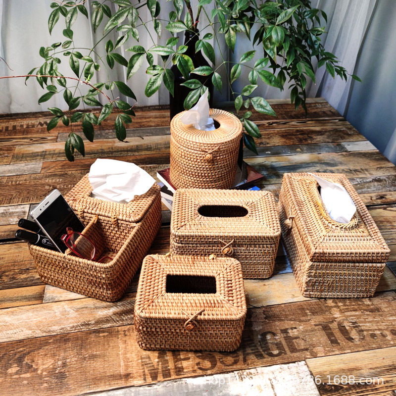 越南秋藤编客厅餐厅纸巾盒 茶具圆形纸巾筒 手工编织长方形抽纸套