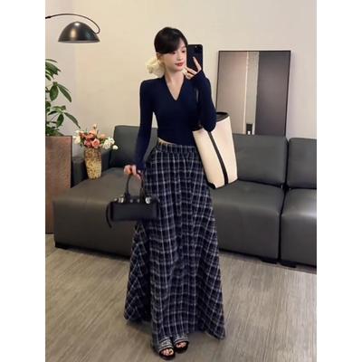 格子百褶裙伞裙a字半身裙女秋冬小个子高腰大摆长裙覆古气质半裙