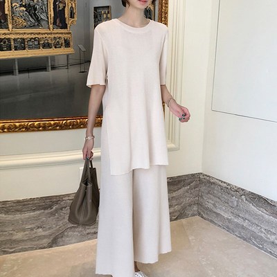 Fashion Temperat Ice silk Knitted Two pJiece Casual set Wo L