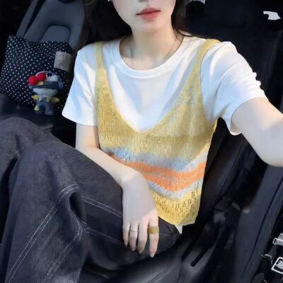 「4.3/春季上新」XUAN XIAO JIE渐变色针织吊带马甲T恤女