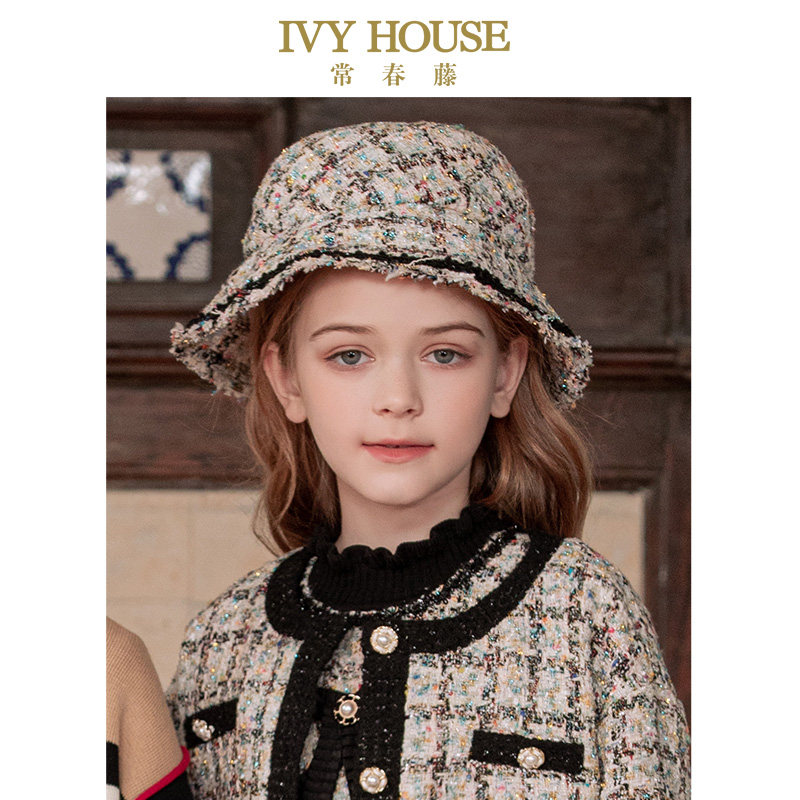 IVY HOUSE常春藤儿童装女童帽子秋款 小香风渔夫帽粗花呢洋气时尚