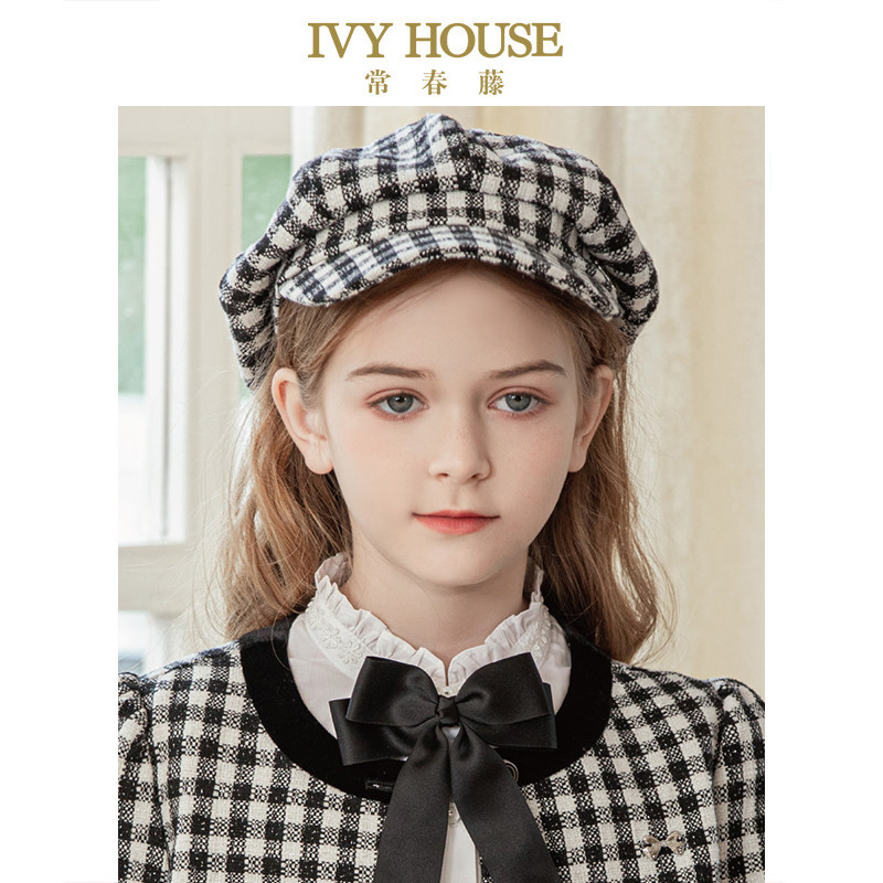 IVY HOUSE常春藤儿童装女童帽子秋季款 小香风格子报童帽配饰时尚
