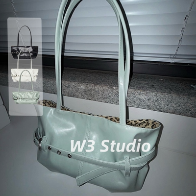 W3Studio韩国小众Otie薄荷绿绑带托特包Y2K古早感豹纹单肩腋下包