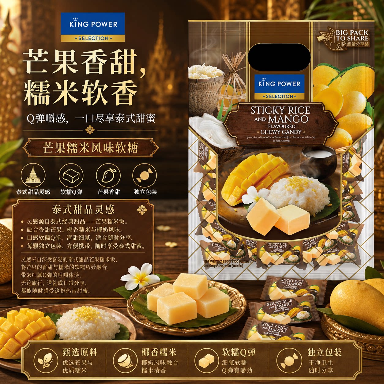 王权糖果泰国进口Kingpower芒果糯米饭软糖280g*100颗休闲零食