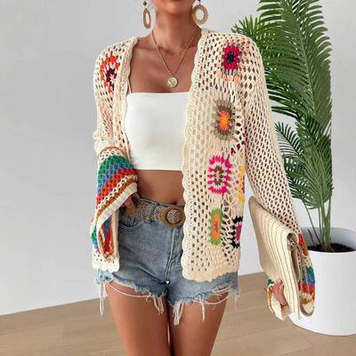 Floral Crochet Cardigans Women Spring Summer Out Open Front