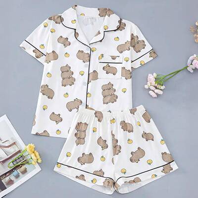 Capybara Print Kids Pajama Set Fire Resistant Sleeve Button