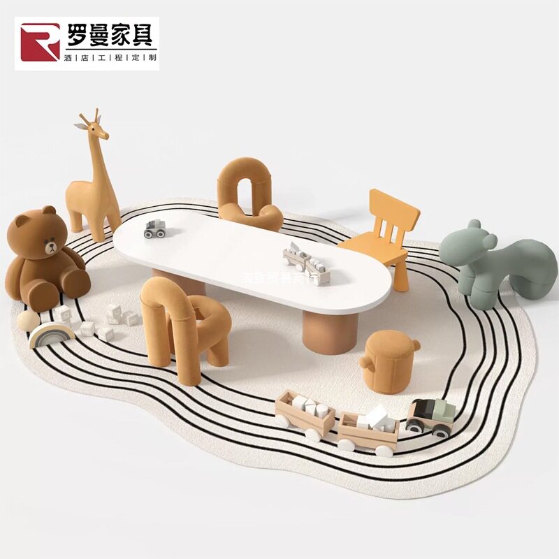 售楼部处儿童桌椅幼儿园儿童学习桌原木色手工桌儿童阅读桌椅