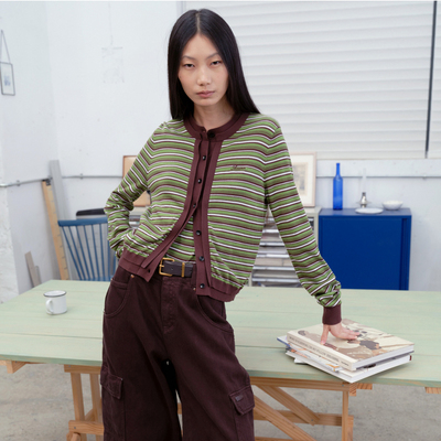 AVVENN牛油果绿色条纹彩条设计背心开衫两件套AK12801572