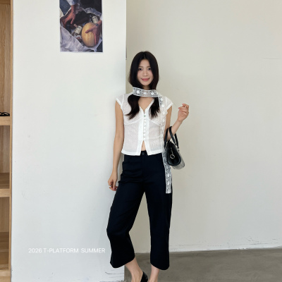T-PLATFORM-感复古显瘦黑色紧身休闲裤女夏季微喇七分休闲裤16563